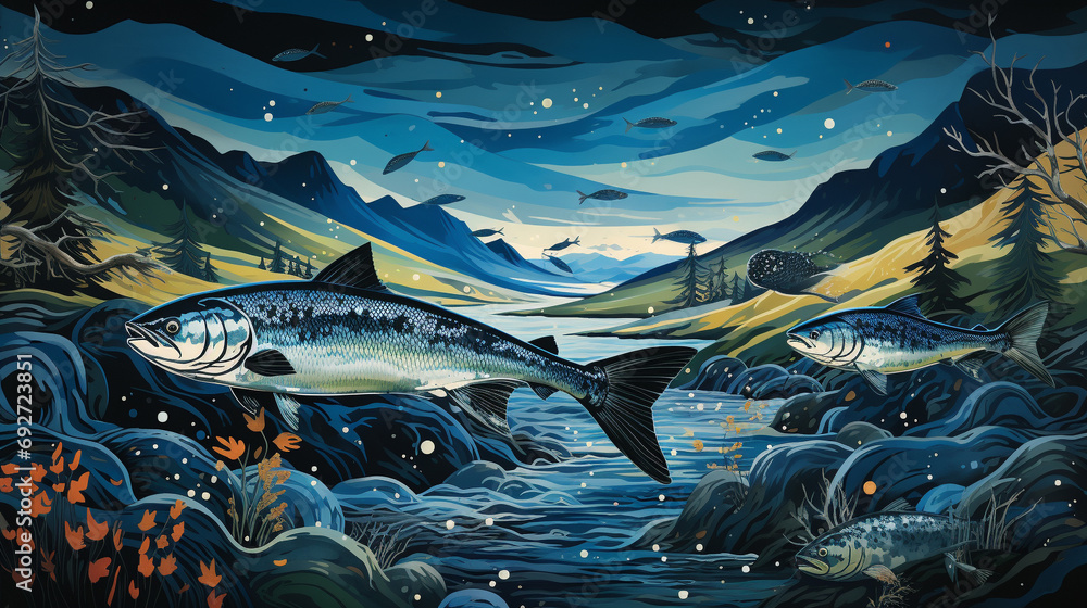 Atlantic salmon migration, with a stylized depiction of the fish ...