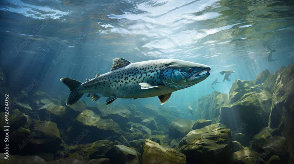 underwater scene of an Atlantic salmon swimming upstream, with a focus ...
