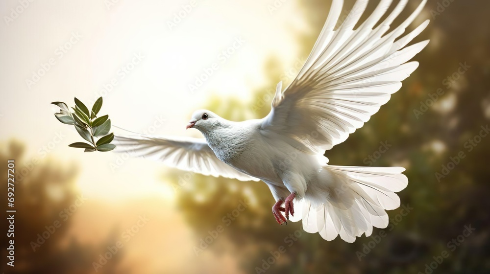 White dove of peace with green olive branch is a symbol of peace and ...