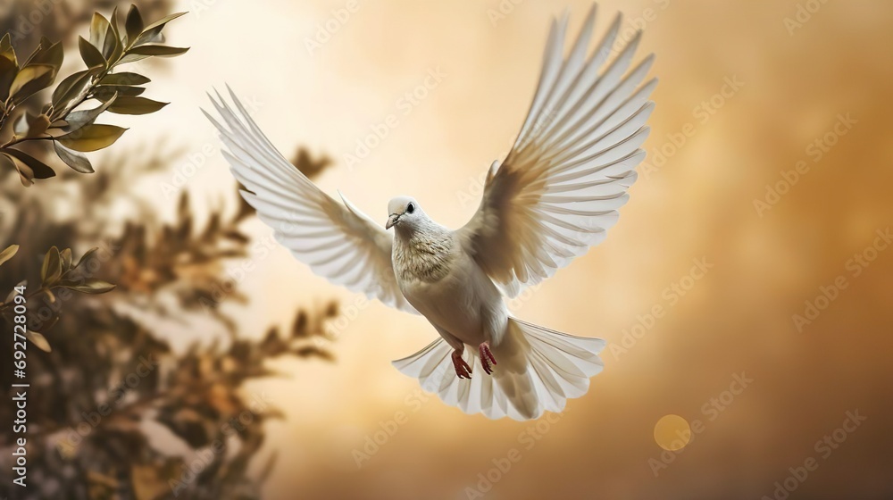 White dove of peace with green olive branch is a symbol of peace and ...