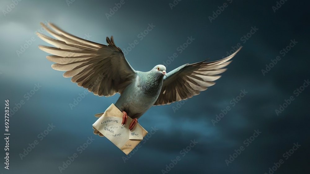 Mail pigeon. White dove delivers messages letters. Carrier pigeon with ...