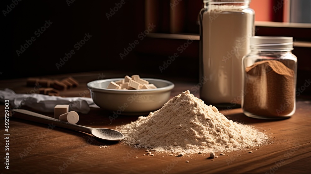 a heaping measuring scoop filled with protein shake powder resting on a ...