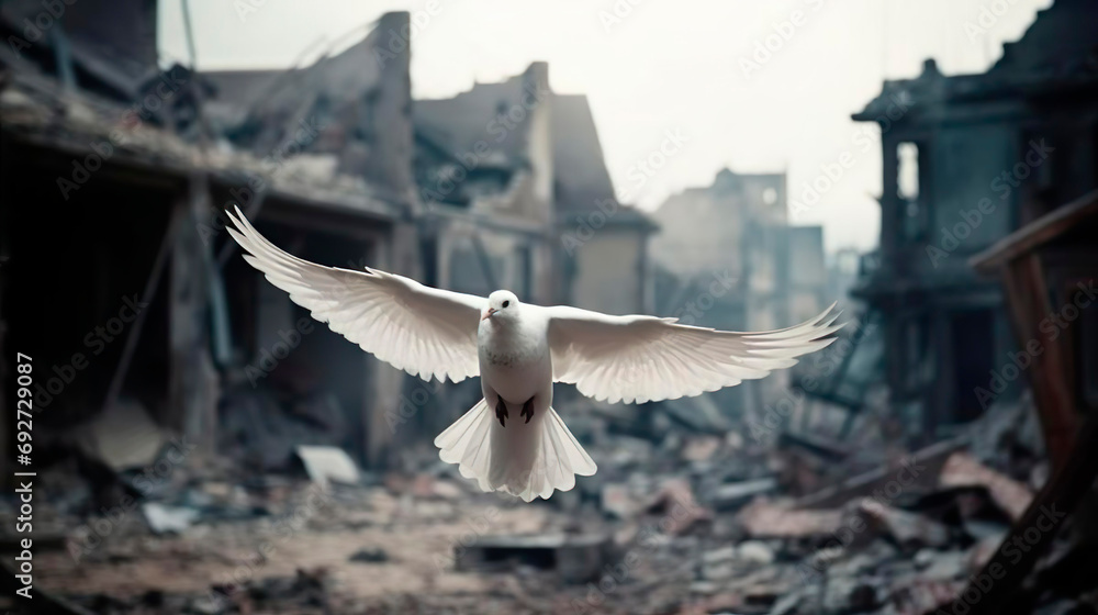 Stop war and military attack. White dove of peace. Bird symbol of peace ...