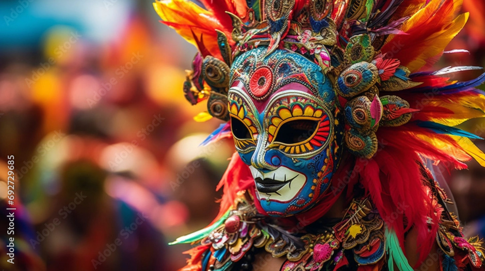 copy space, Colorful masks of street dance parade performer during ...