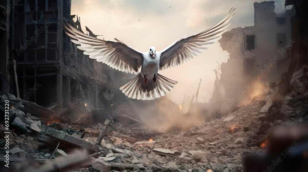 Stop war and military attack. White dove of peace. Bird symbol of peace ...
