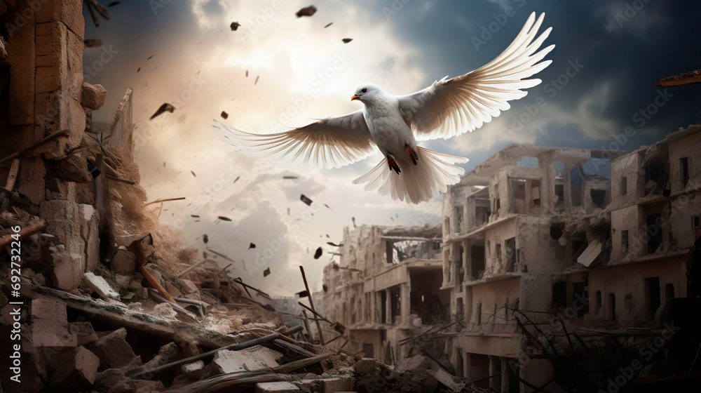 Stop war and military attack. White dove of peace. Bird symbol of peace ...