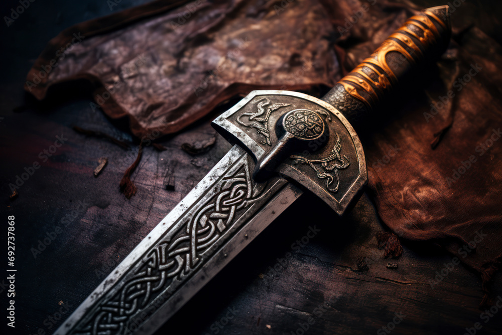 Viking sword, rugged and battle-worn, lying against a wooden shield ...
