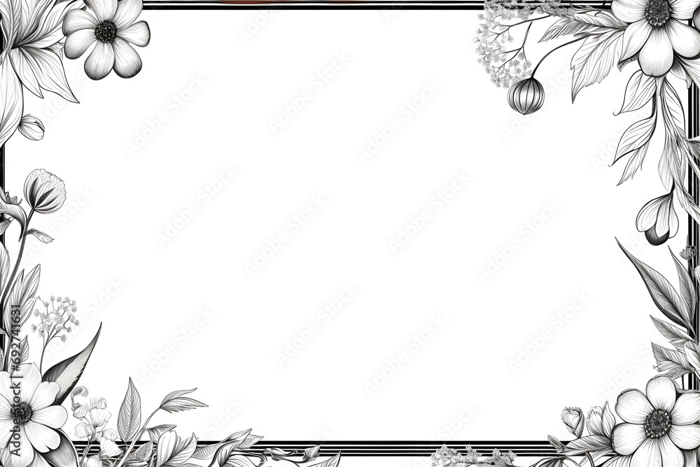 Black and white floral border with grayscale flowers and leaves Stock ...