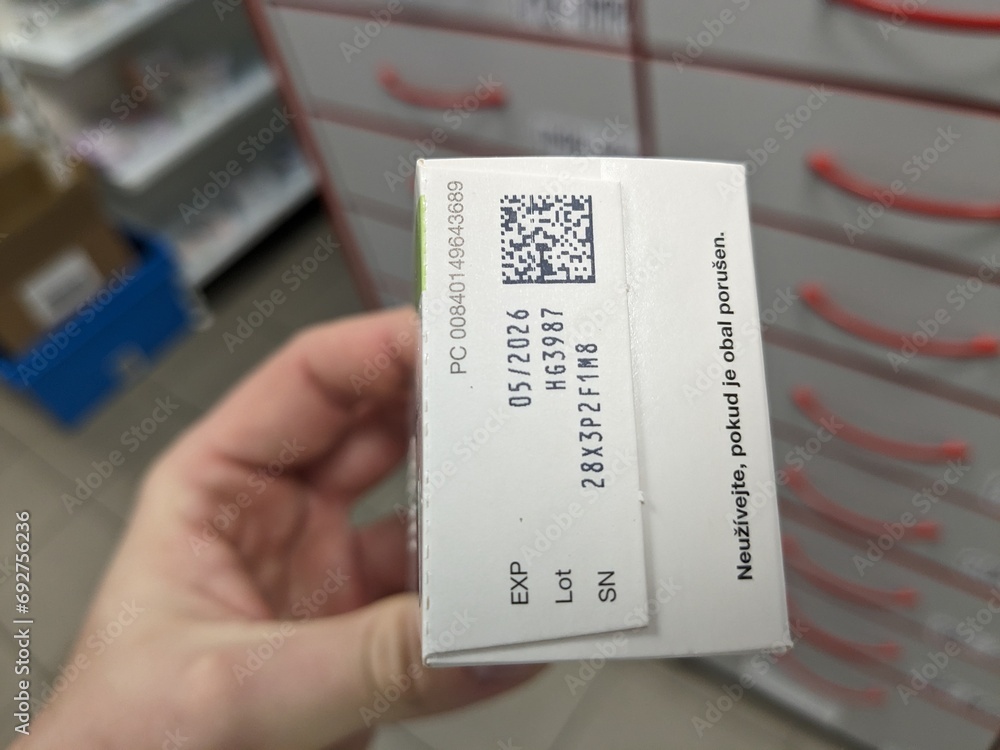 QR code on medicine box. Falsified Medicines Directive. FMD. Unique ...
