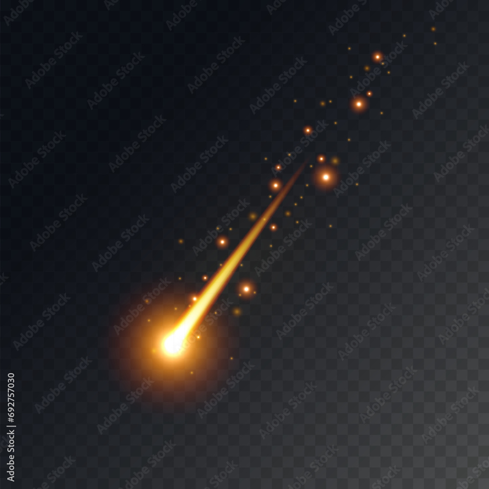 Comet shooting effect, flying asteroid, star in space. Gold falling ...