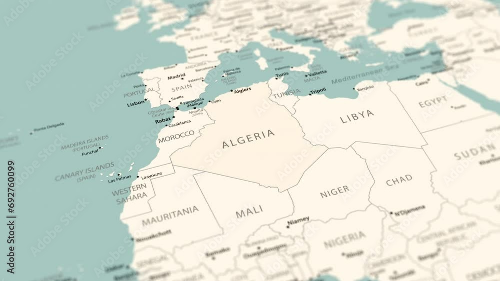 Algeria on the world map. Smooth map rotation. 4K animation. Stock 비디오 ...