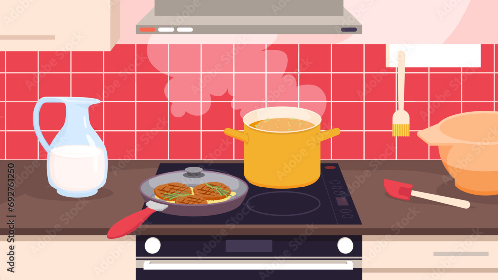 Kitchen interior with morning food cooking on heat of gas oven. Cartoon ...