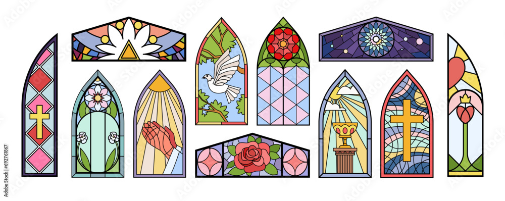Stained glass windows of church or medieval palace set vector ...