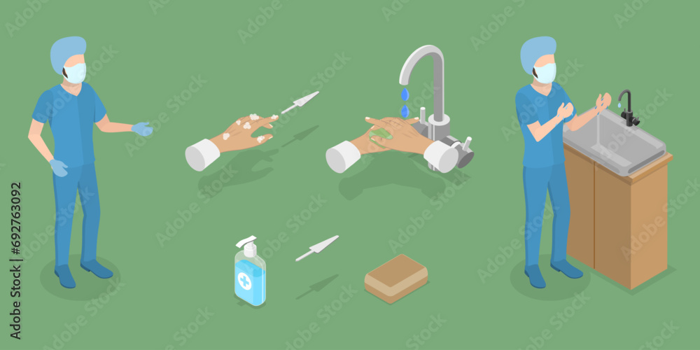 3D Isometric Flat Vector Illustration of Surgical Hand Scrubbing ...