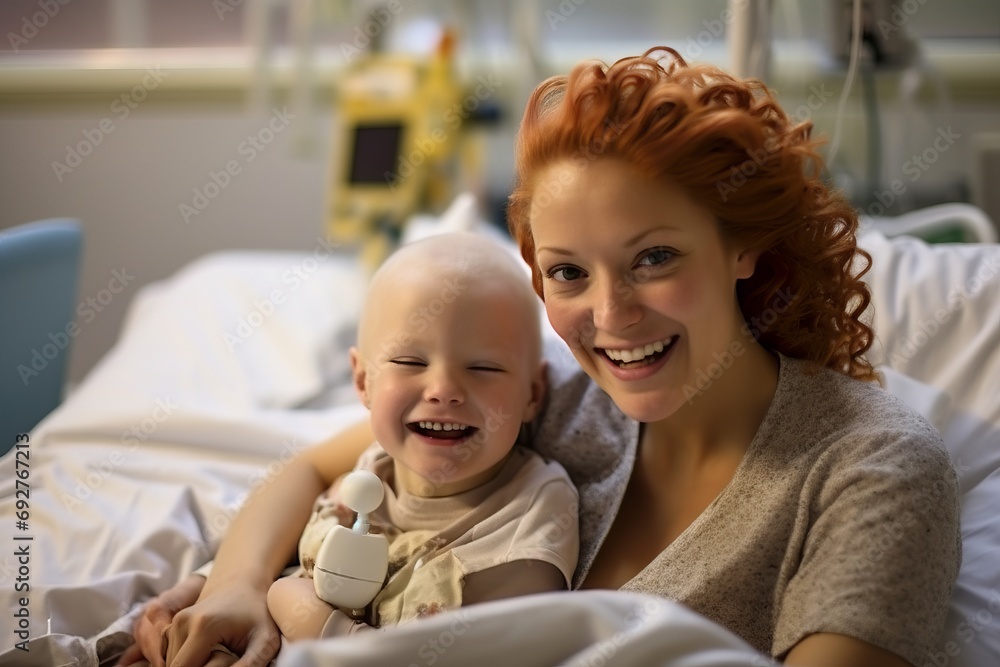 little boy with cancer with mother woman in hospital bed smiling Stock ...