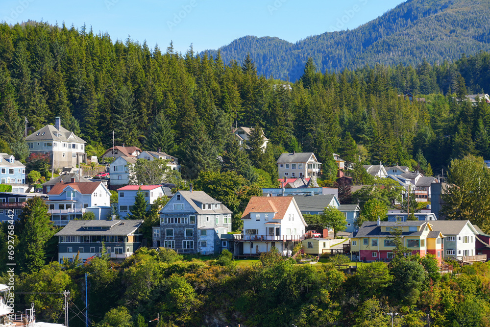 Residential neighborhood with historic wooden houses surrounded by ...