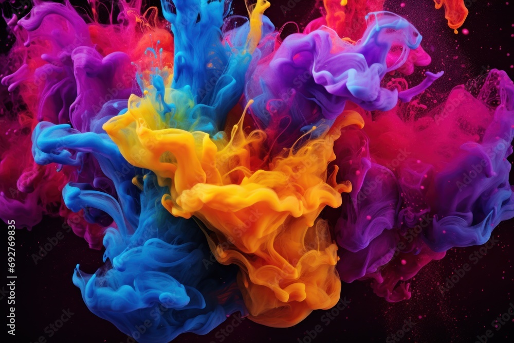 Liquid explosion of colorful paint on dark background, rainbow burst of ...