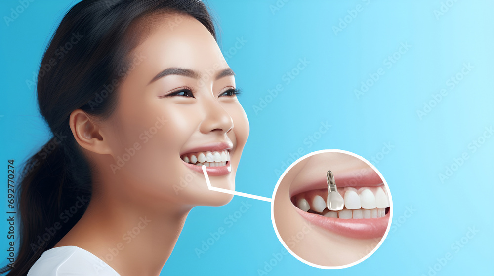 Asian woman smiling with perfect white teeth and with collage macro ...