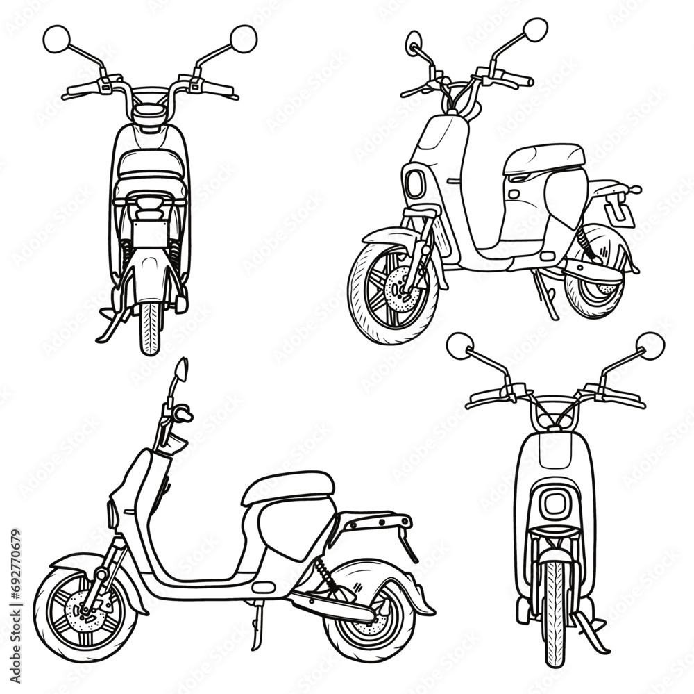 Modern Electric Scooter Bike hand drawn ink line art, moped vector ...