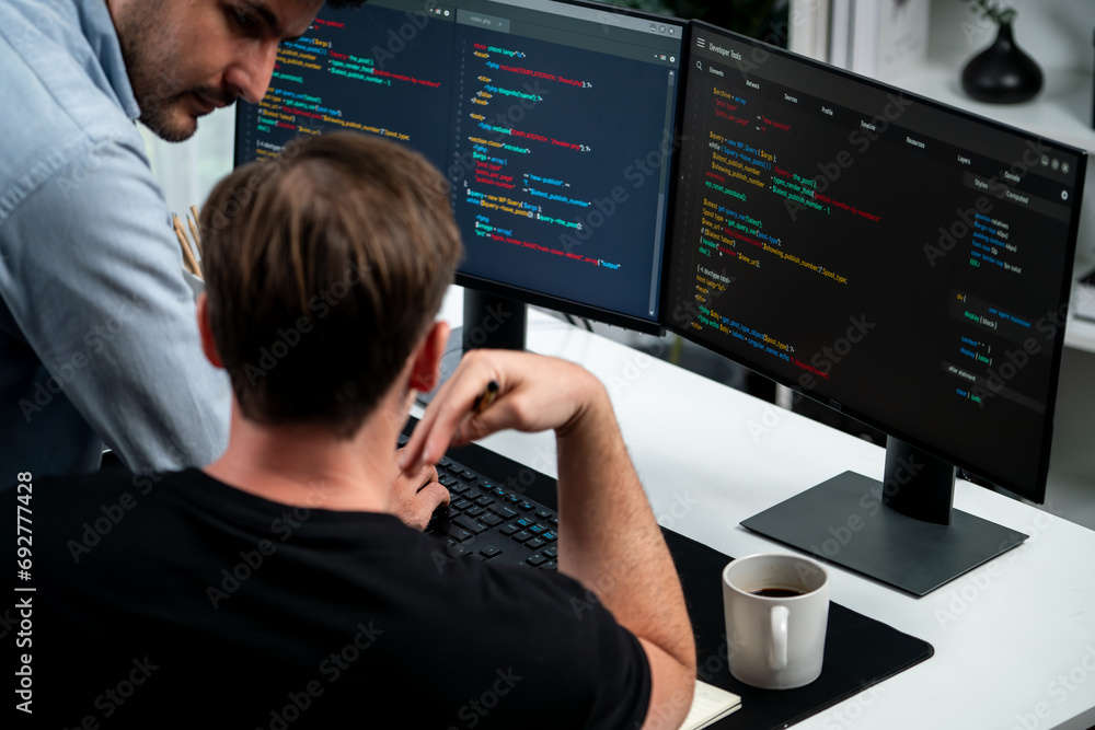 IT developers discussing online software development information on pc screen, creating program ...