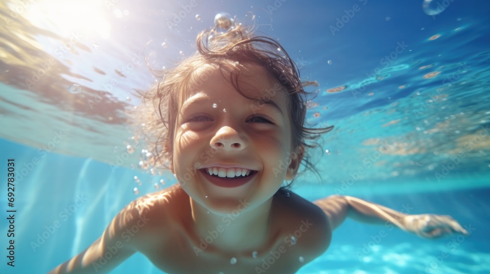 Cute smiling child having fun swimming and diving in the pool at the ...