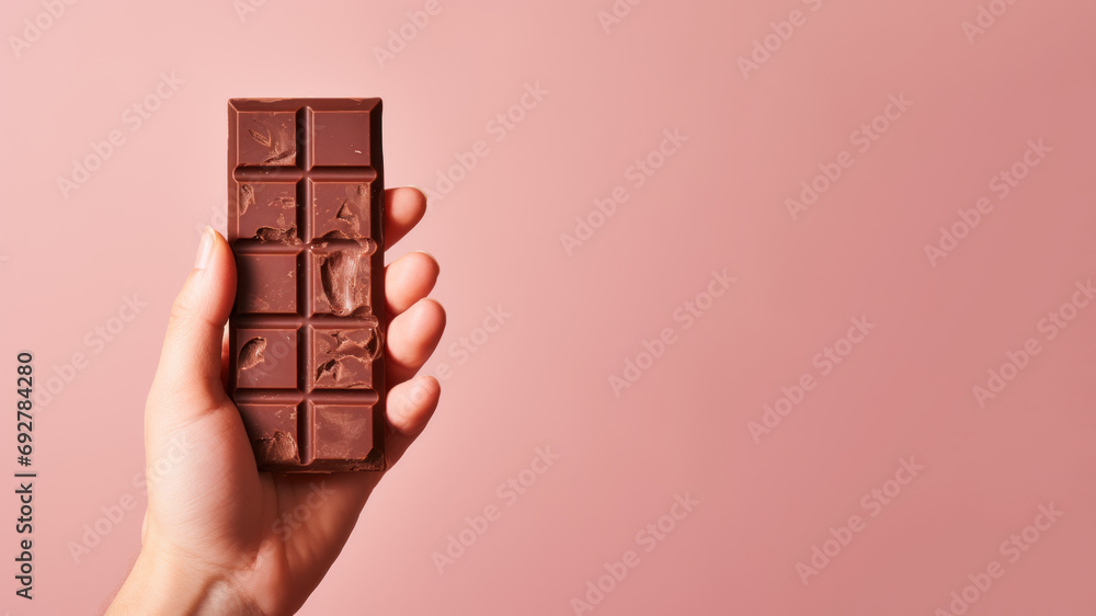 Hand holding bar of chocolate isolated on pastel background Stock Photo ...