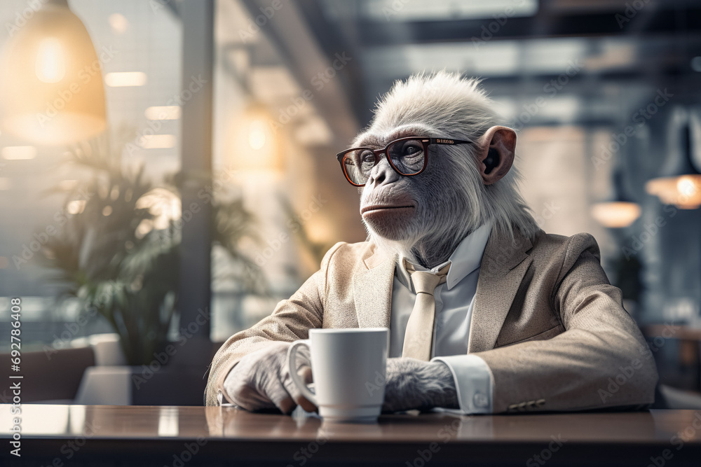 Anthropic Animals in a Cafe, Dressed in Business Attire, Engaging in ...
