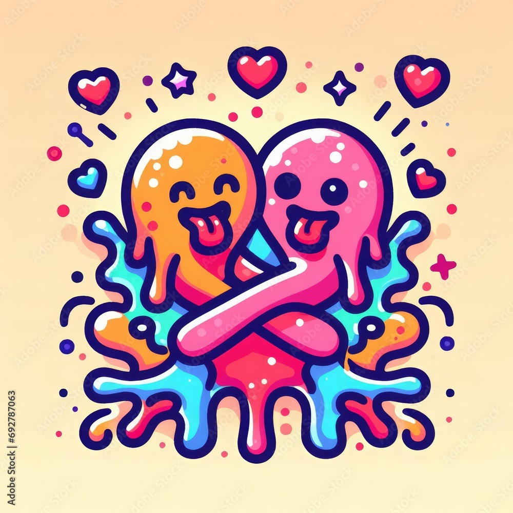 Funny heart-shaped hug. Illustration of two melting characters in shape ...