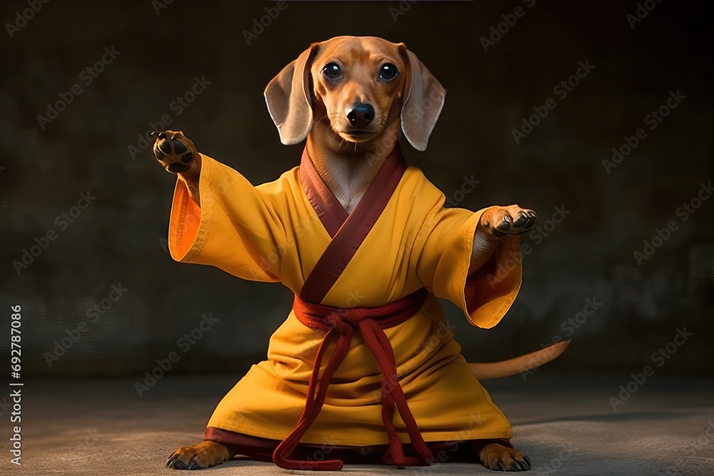 fu kung doing monk shaolin kimono yellow dressed dog dachshund portrait ...