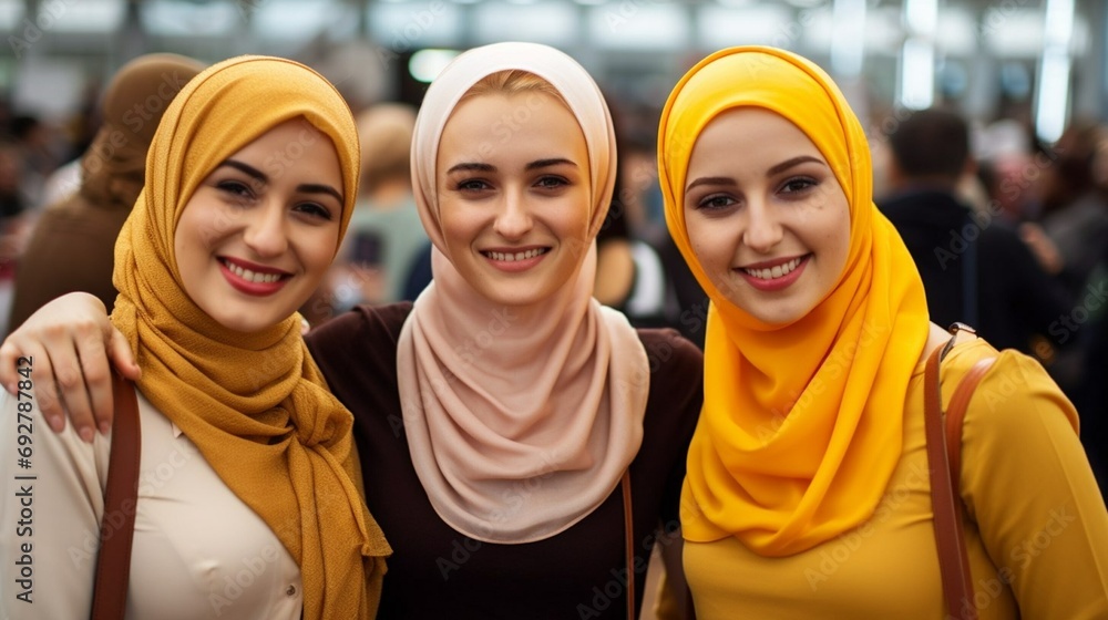 A group of Muslim women pose for a photo on the street and smile ...