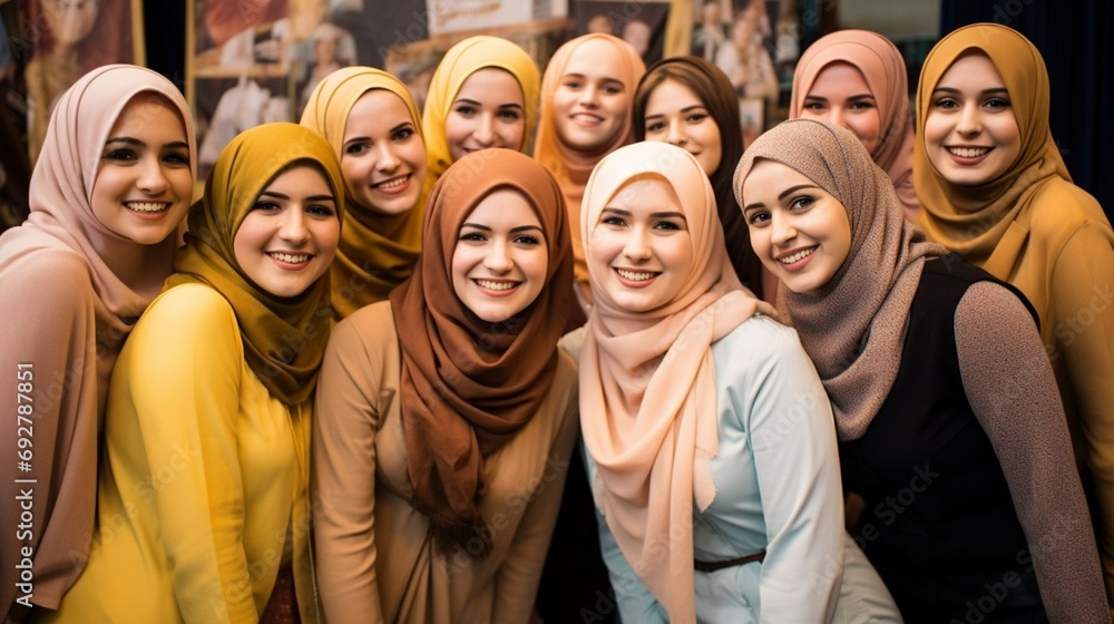 A group of Muslim women pose for a photo on the street and smile ...