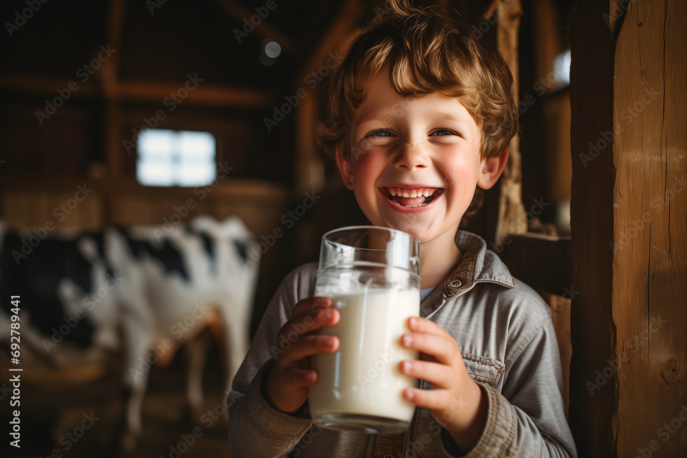 Happy boy stands with a glass of milk. There is a cow in the background ...