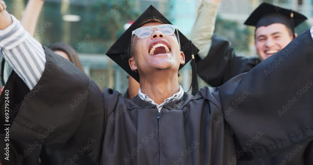 Graduation, cheers or face of happy man on campus for education ...