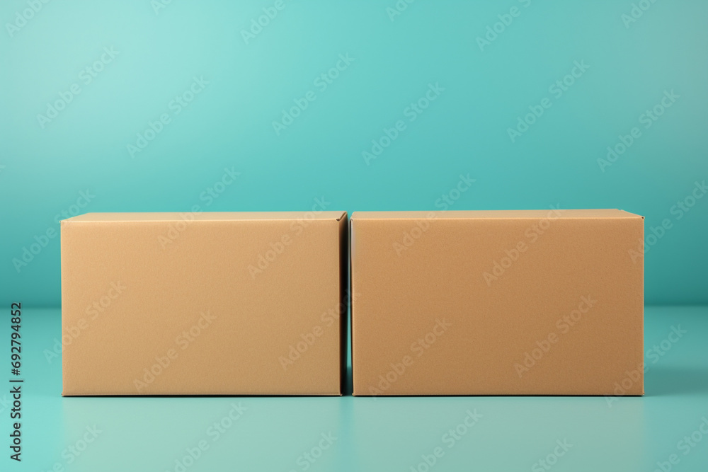 Side view of two cardboard boxes one with an open flap and the other ...