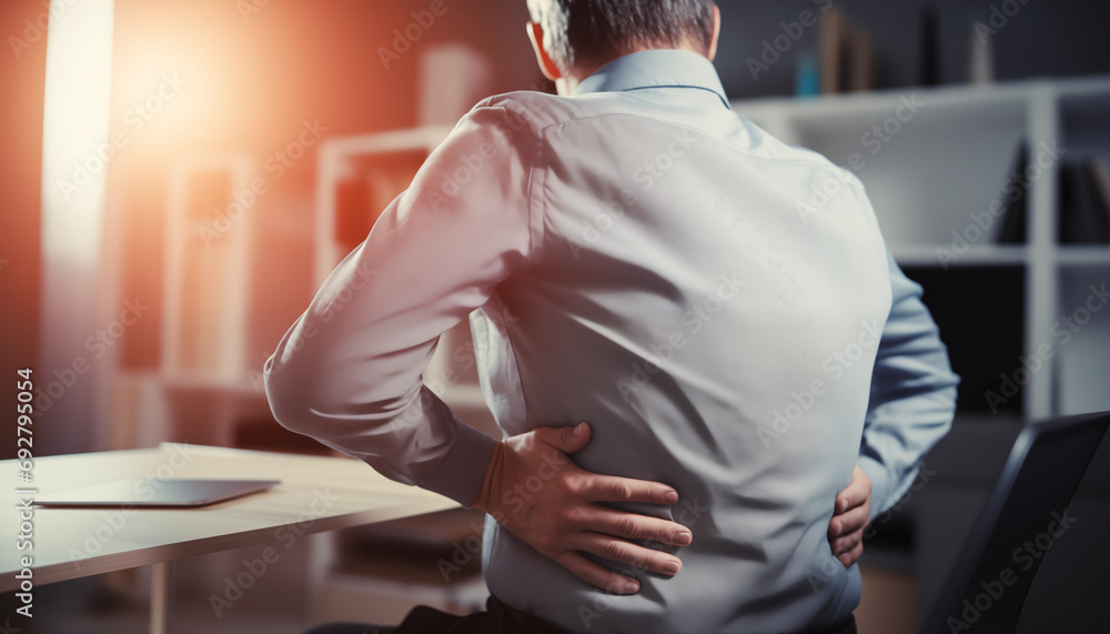 Male officer touch his back during work in front of computer in the ...