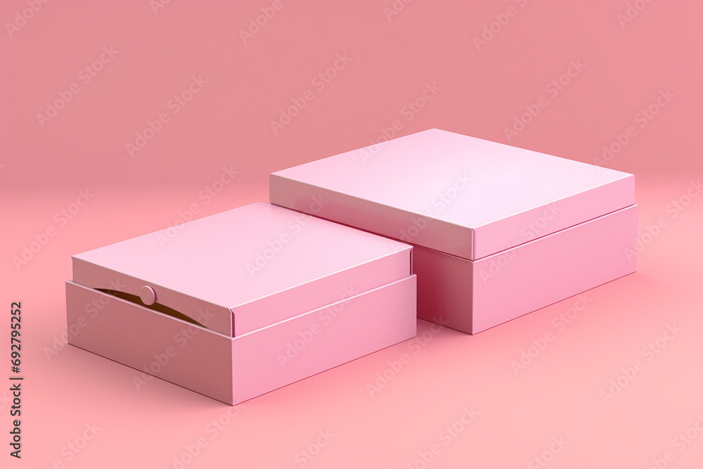 Two cardboard packaging boxes one with its lid flipped open and the ...