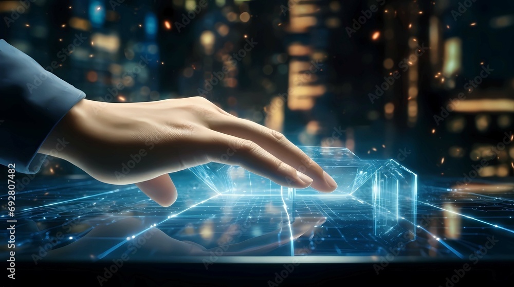 Close up of human hand touching tablet screen with connection lines on ...