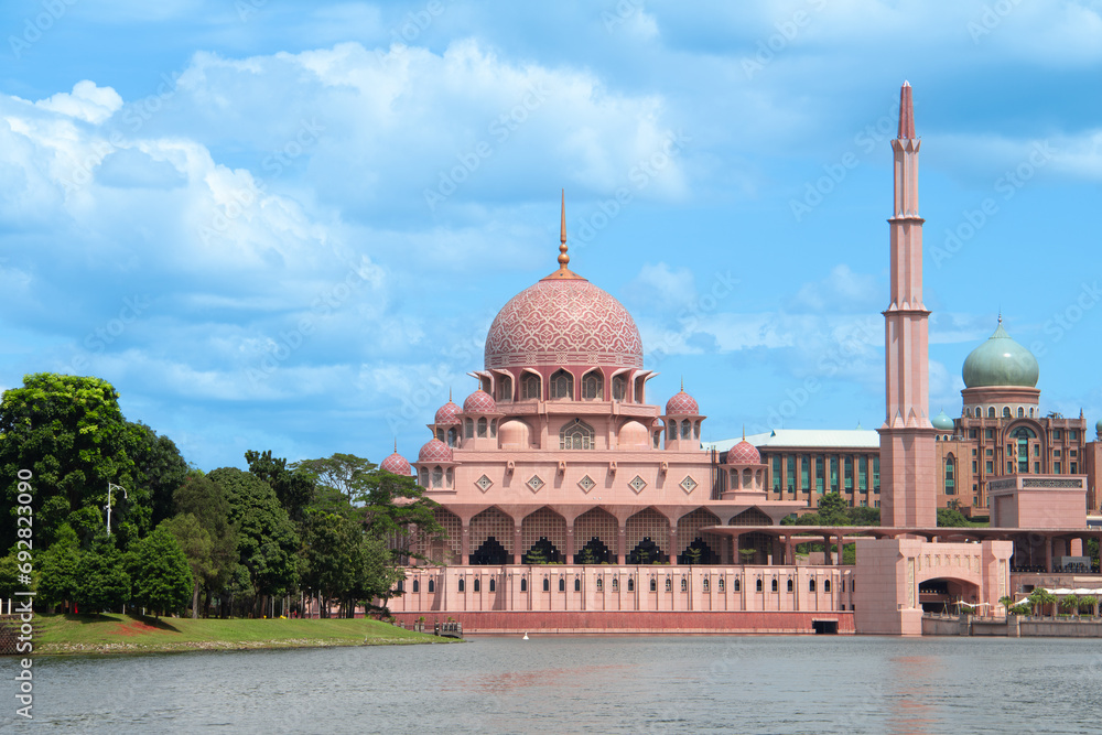 A stunning view of the Putra Mosque in Malaysia. The mosque is a large ...
