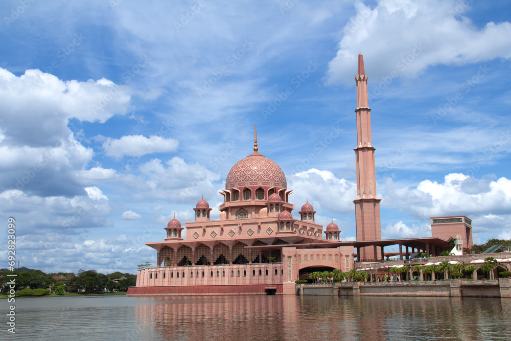 A stunning view of the Putra Mosque in Malaysia. The mosque is a large ...