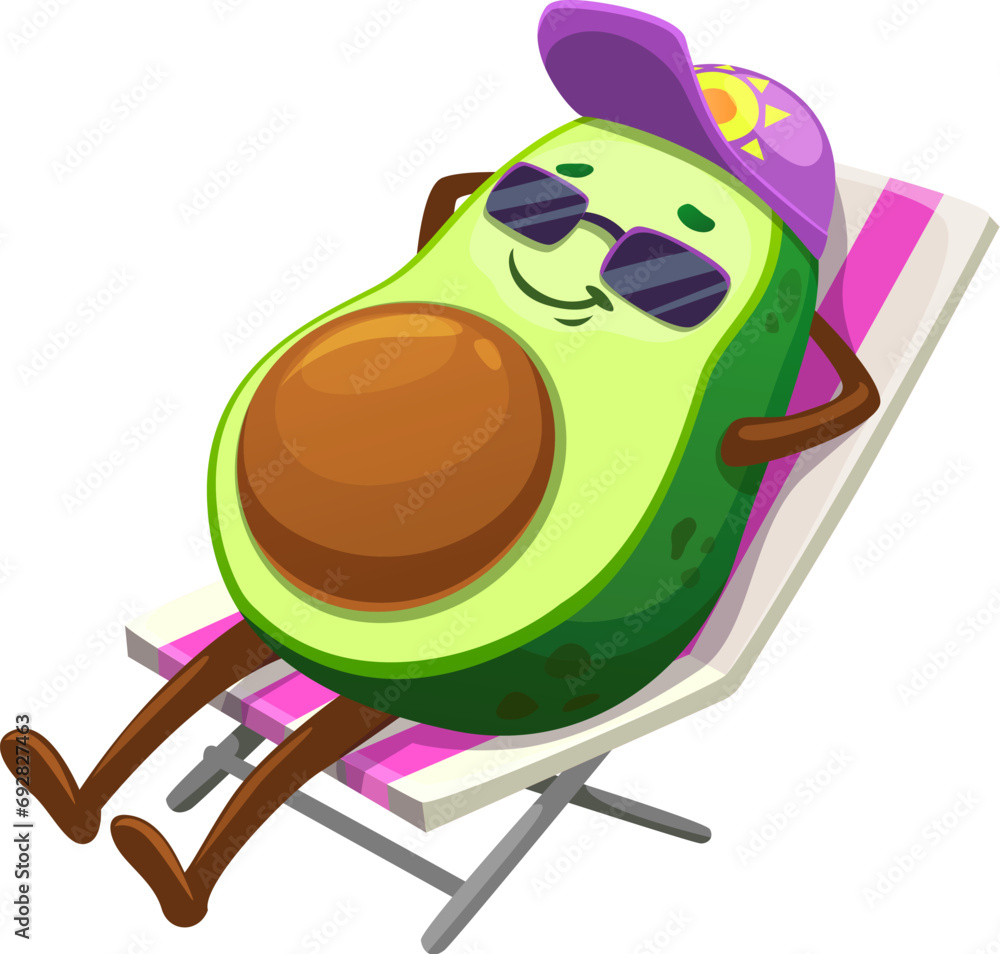 Cartoon Mexican avocado character lying on a sun lounger. Fresh ...