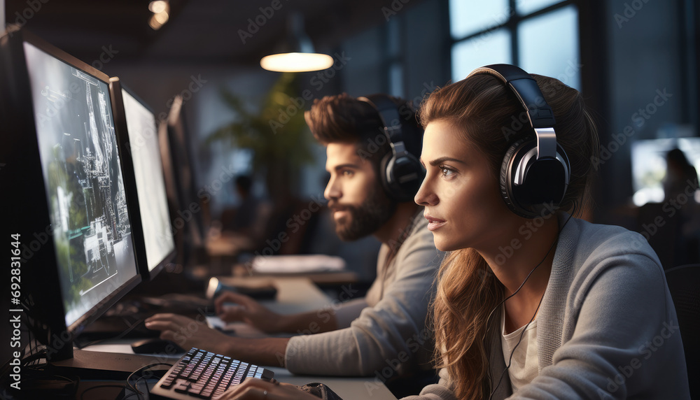 Professional animator working on a computer wearing a headset while on ...