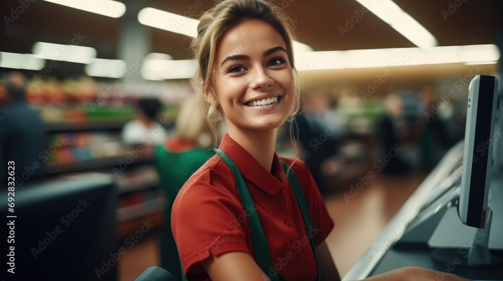 A happy young female supermarket cashier is sitting at the supermarket ...