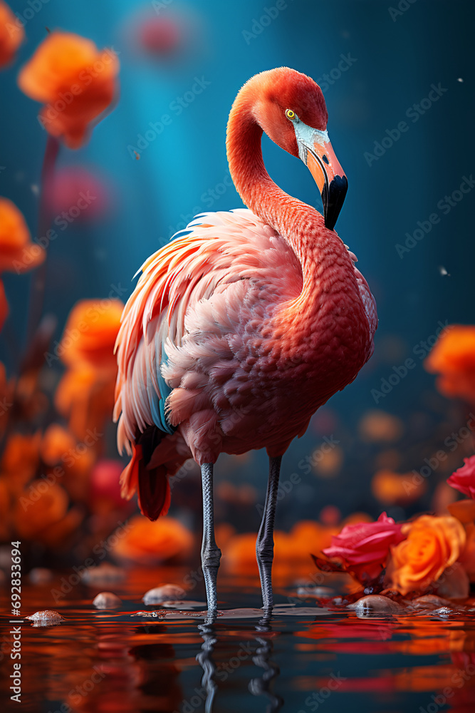 Hyper realistic flamingo portrait on bright background in national ...