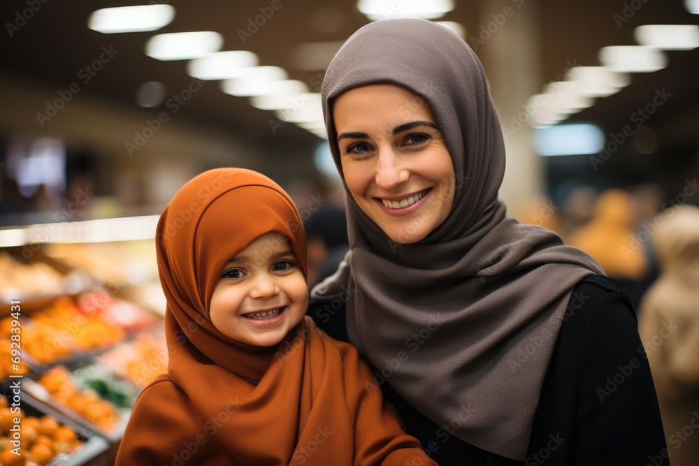 Arabian mother in a hijab shopping at a supermarket with her daughter ...