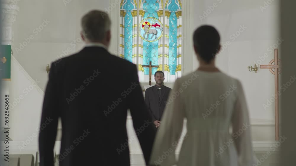 Vidéo Stock Back view slowmo of Caucasian mature groom and bride ...