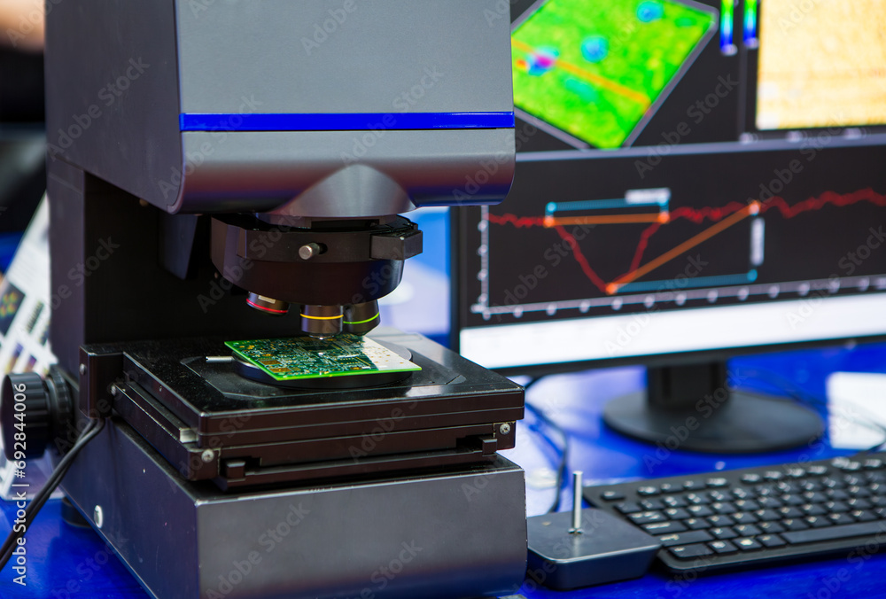 3D laser microscope measuring PCB board. Industrial manufacturing Stock ...