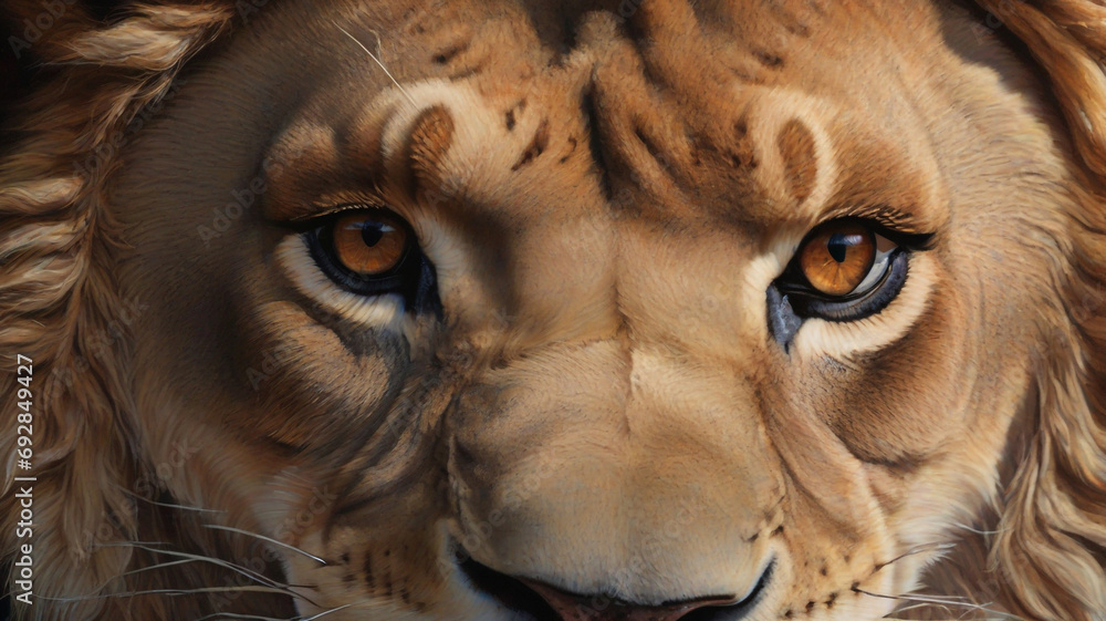 Close up portrait of a lion's piercing eyes locked with the pray with ...