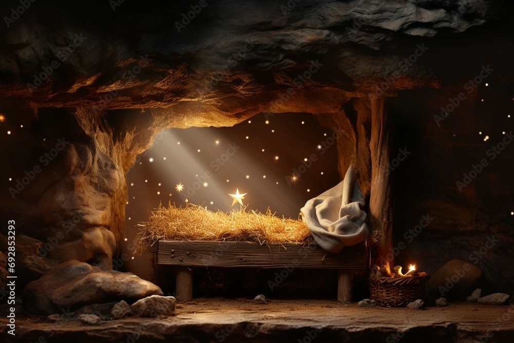 Christmas scene with empty wooden manger, star of Bethlehem in cave ...