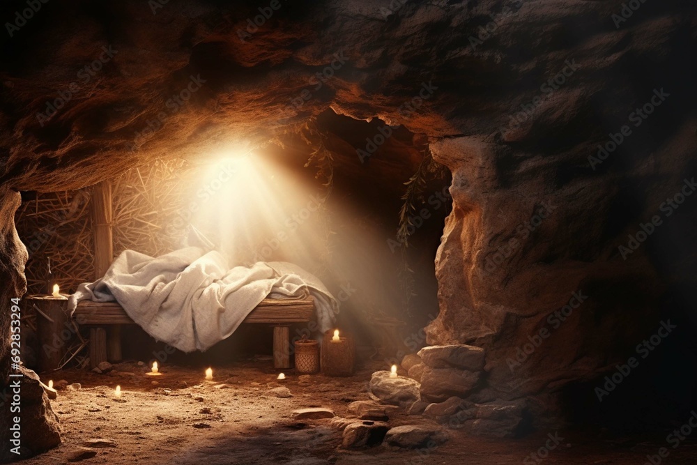 Christmas scene with empty wooden manger, star of Bethlehem in cave ...