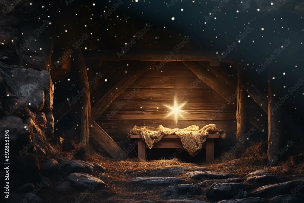 Christmas scene with empty wooden manger, star of Bethlehem in cave ...